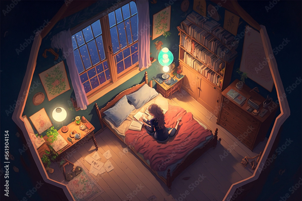 Anime cute girl studying in her room, chill, cozy vibes Stock ...