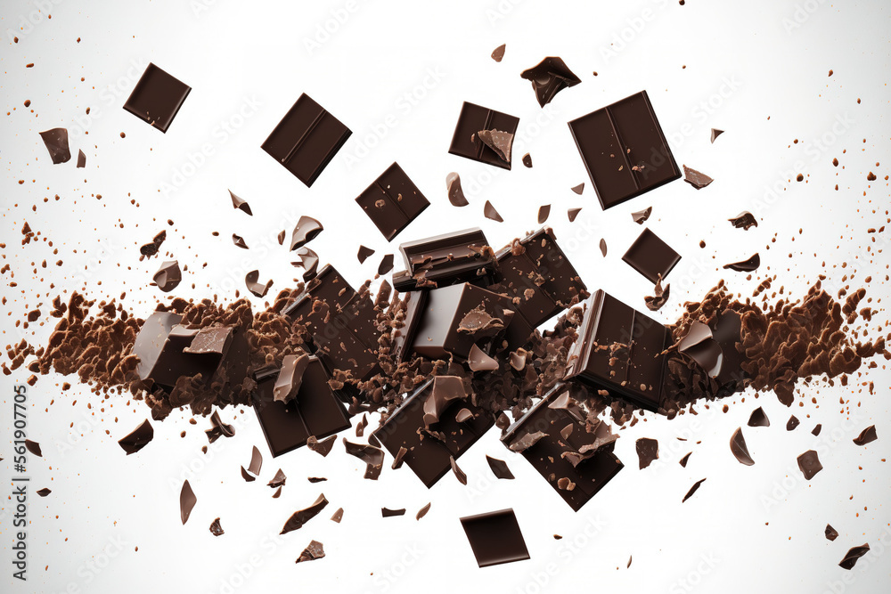 Flying Isolated dark chocolate chunks against a white background ...