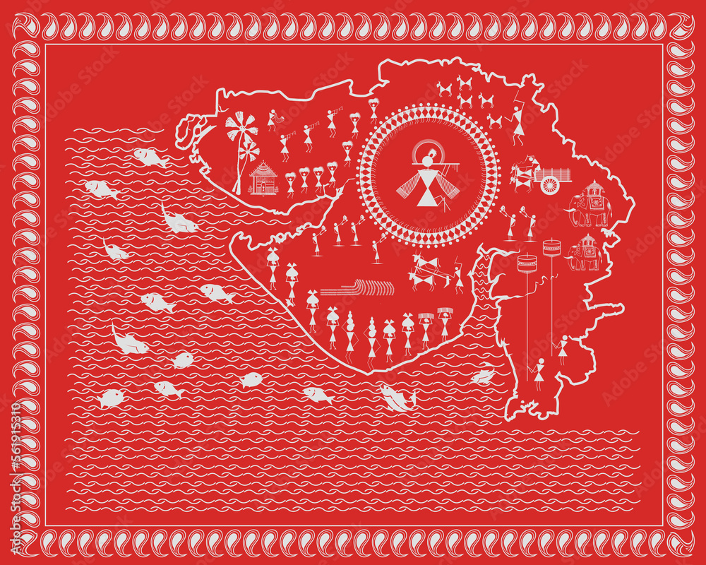 Gujarat map with Warli art. Warli painting showing Tribal Lifestyle ...