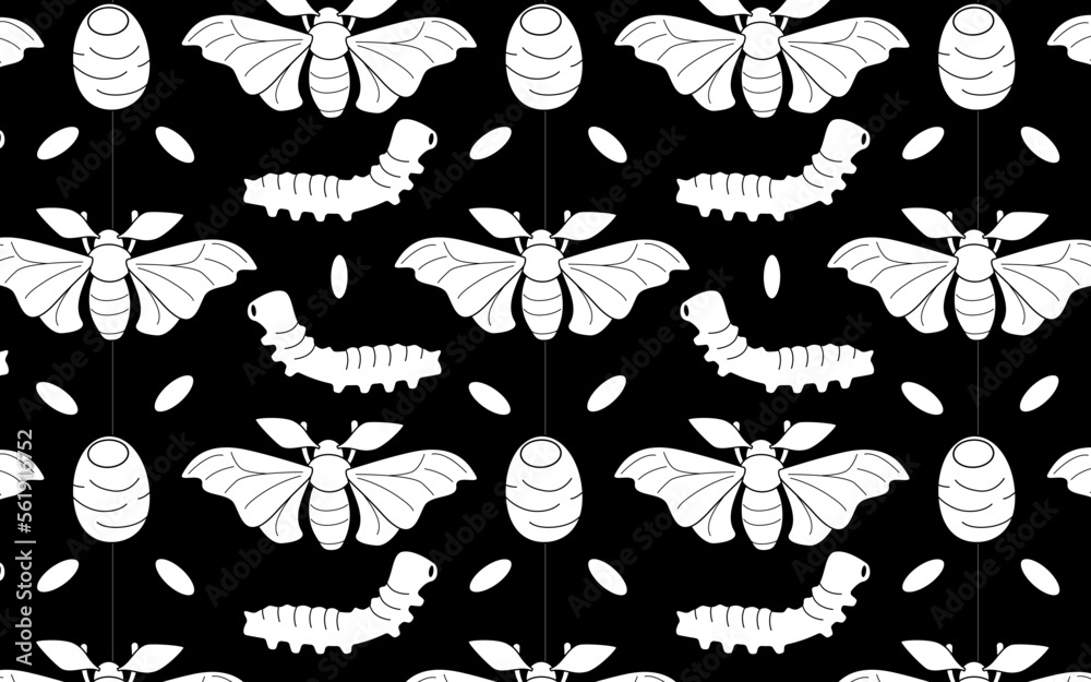 Life cycle of silk moth (Bombyx mori). Caterpillar, cocoon, butterfly ...