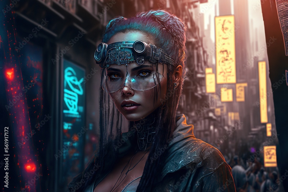 A woman wearing futuristic augmented reality glasses in a crowded ...