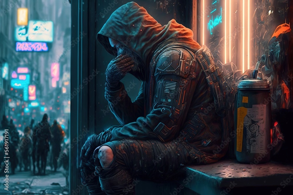 A homeless man in a hoodie sitting in a futuristic cyberpunk city ...