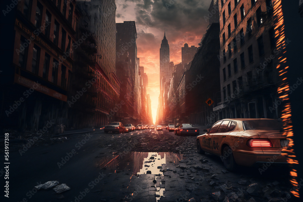 Abandoned New York City in the future. Empty roads and a dystopian ...
