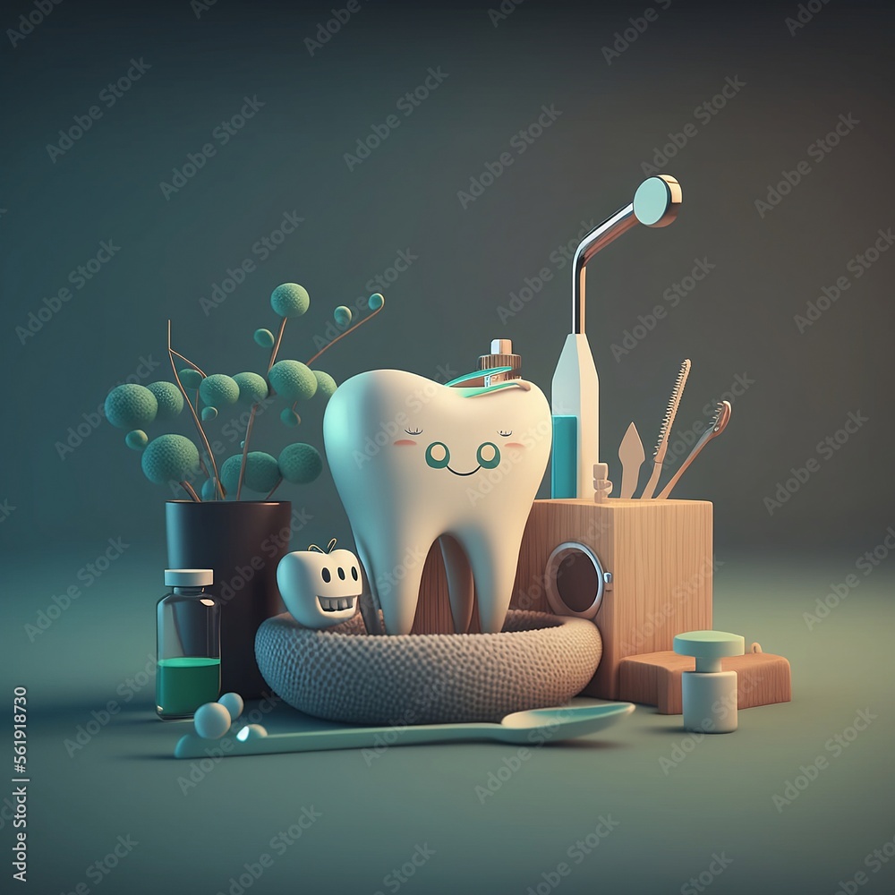3d Illustartion, smiling tooth with dental tools on background, health ...