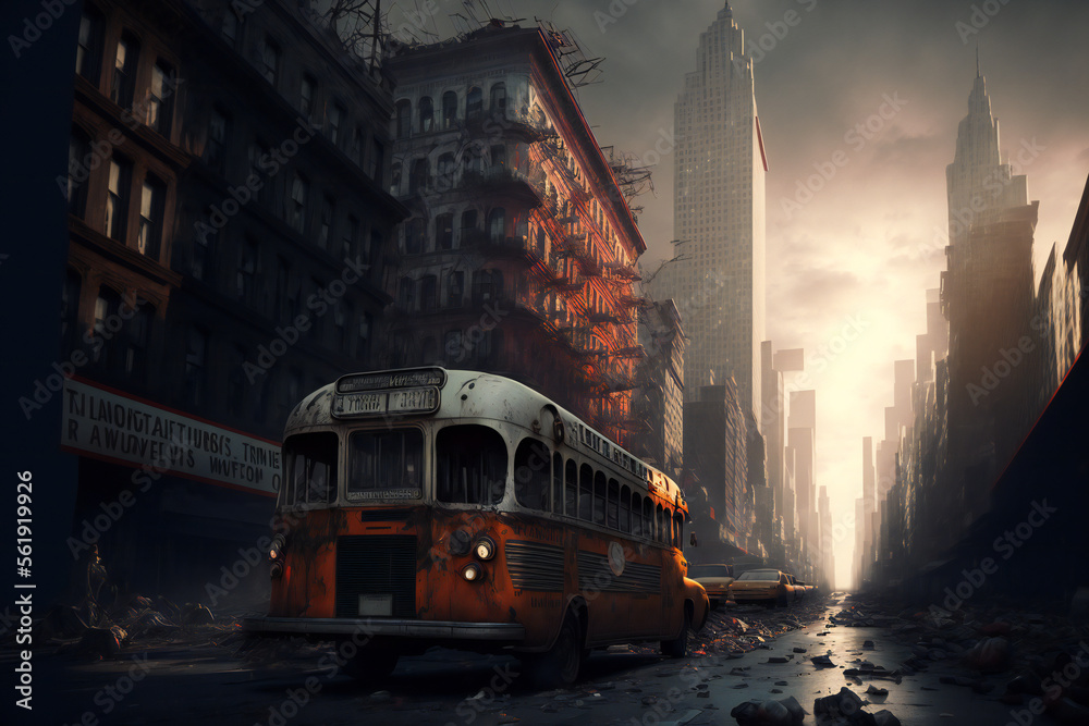 ภาพประกอบสต็อก Abandoned New York City in the future. Empty roads and a ...
