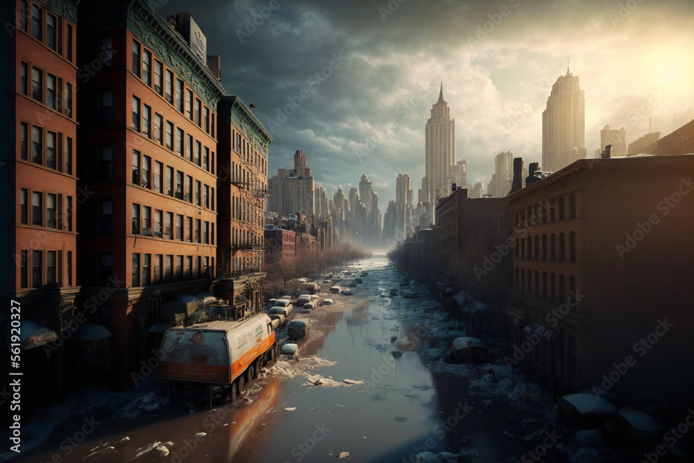 Abandoned New York City in the future. Empty roads and a dystopian ...