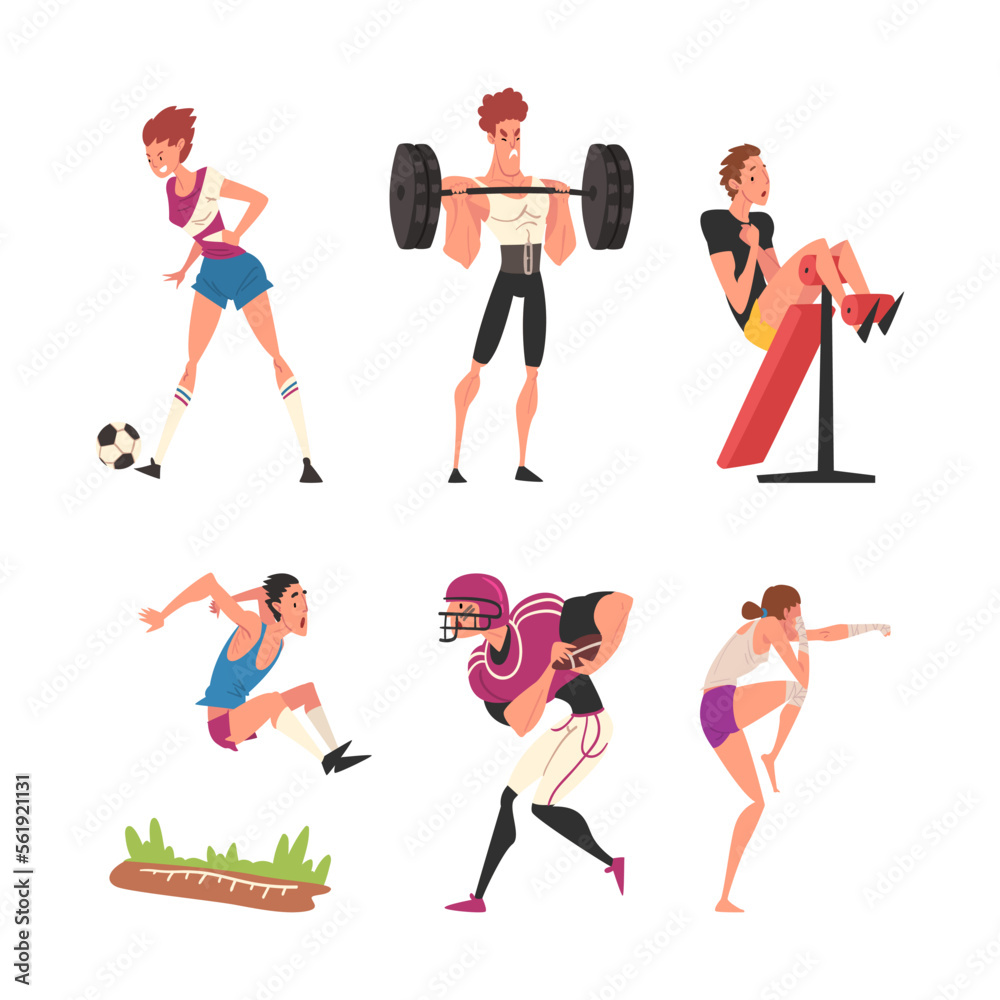 Professional athletes doing sports set. Male and female characters ...