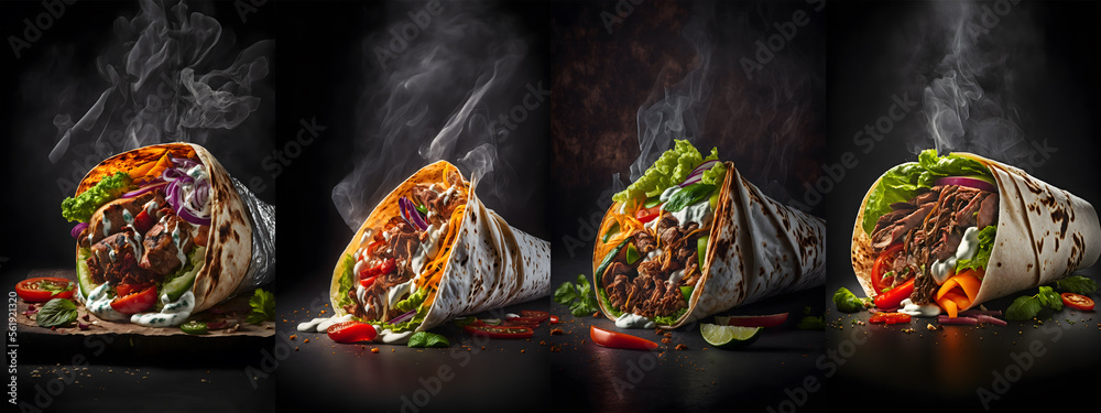 kebab wrap, dark black background, illustration digital generative ai ...