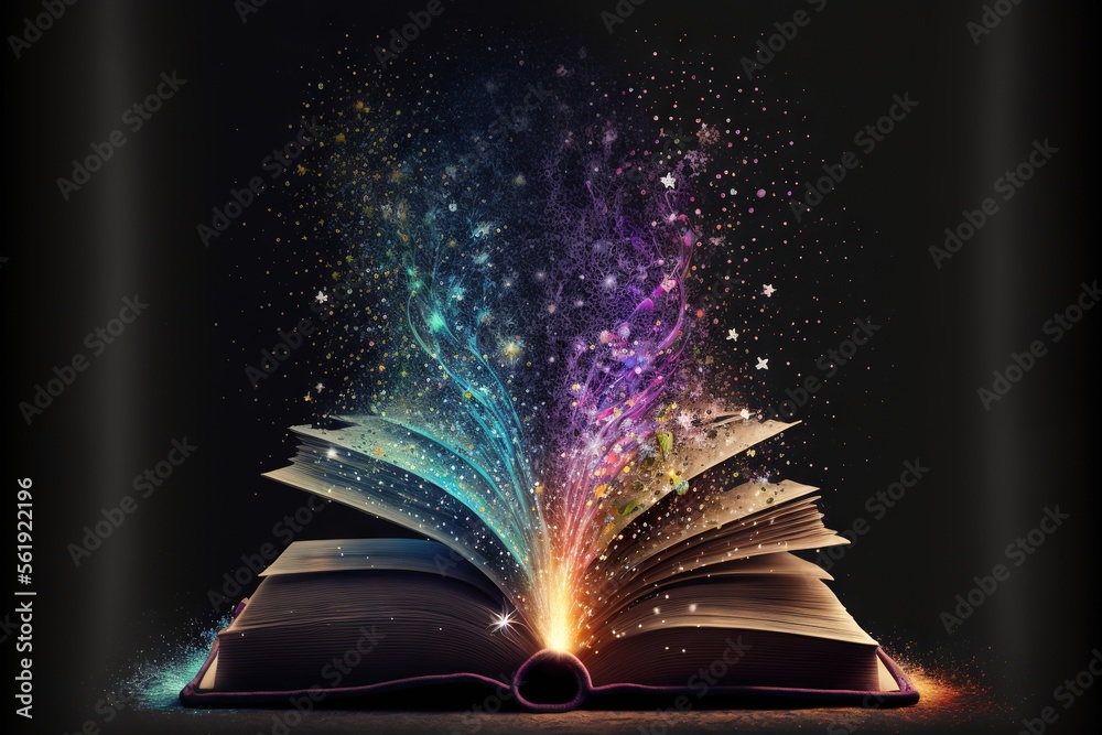 an open book with a colorful explosion coming out of it on a black ...