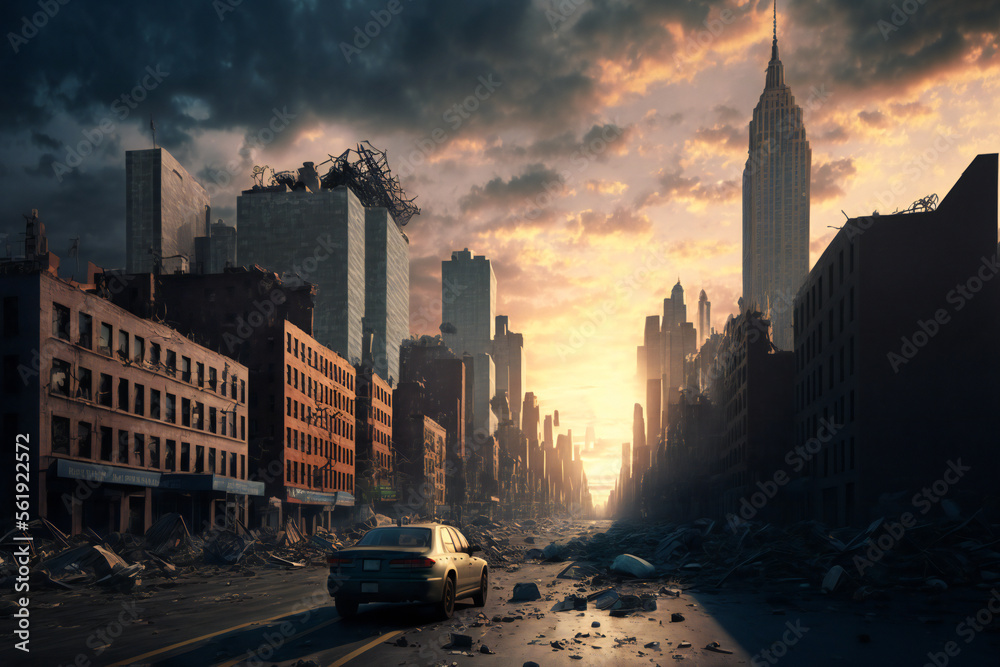 Abandoned New York City in the future. Empty roads and a dystopian ...