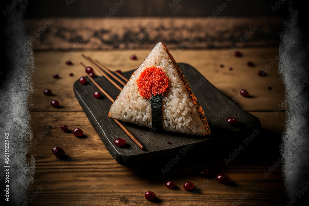 Japanese style triangle shaped rice balls known as onigiri are served ...
