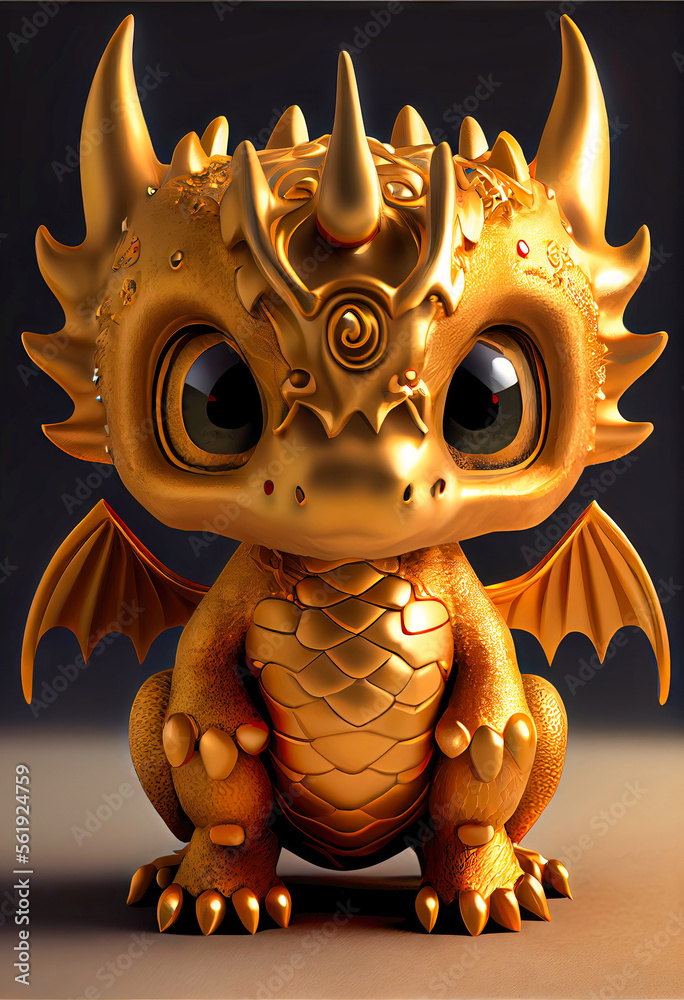 An adorable baby golden dragon generated in a 3D style to be cute in a ...