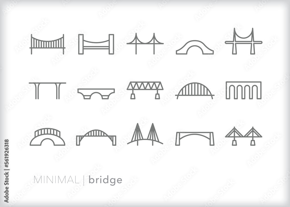 Set of bridge line icons of different types of infrastructure for ...