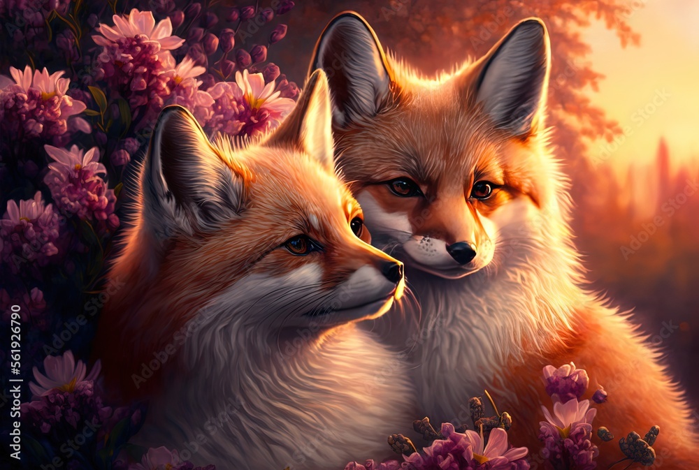cute animal lover cuddle hug each other in blossom flowers field in ...