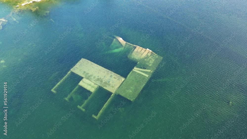 Top down view of a house building Under Water. Flooded house. Village ...