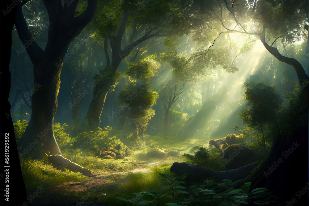 Calm green forest natural background with moss and trees Stock ...