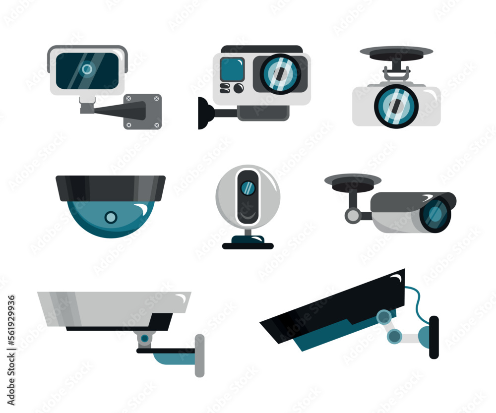 Set of innovative surveillance cameras in cartoon style. Vector ...