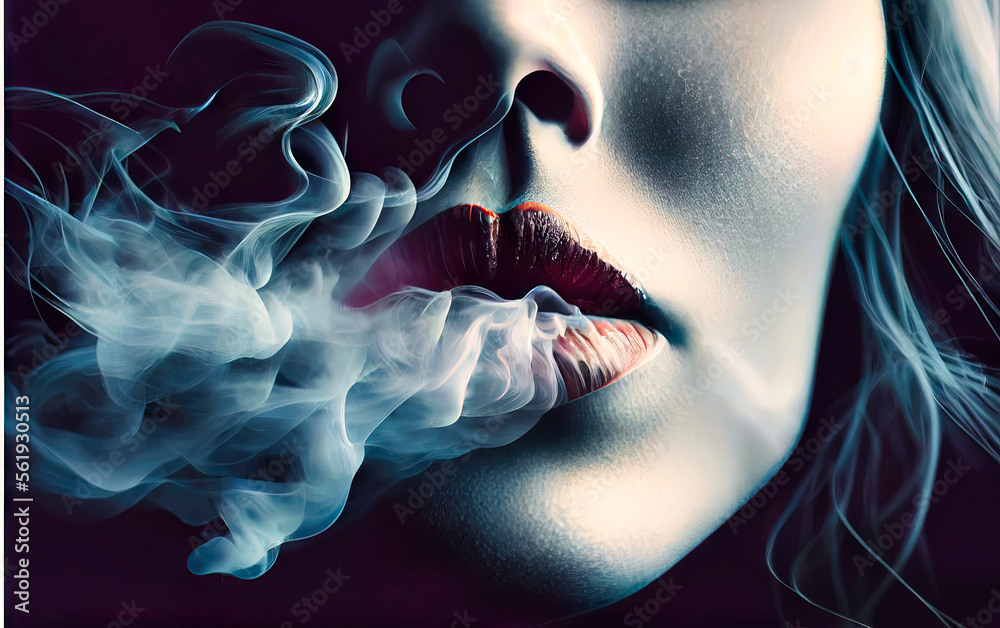 Woman's lips blowing smoke clouds - Generative AI image made to look ...