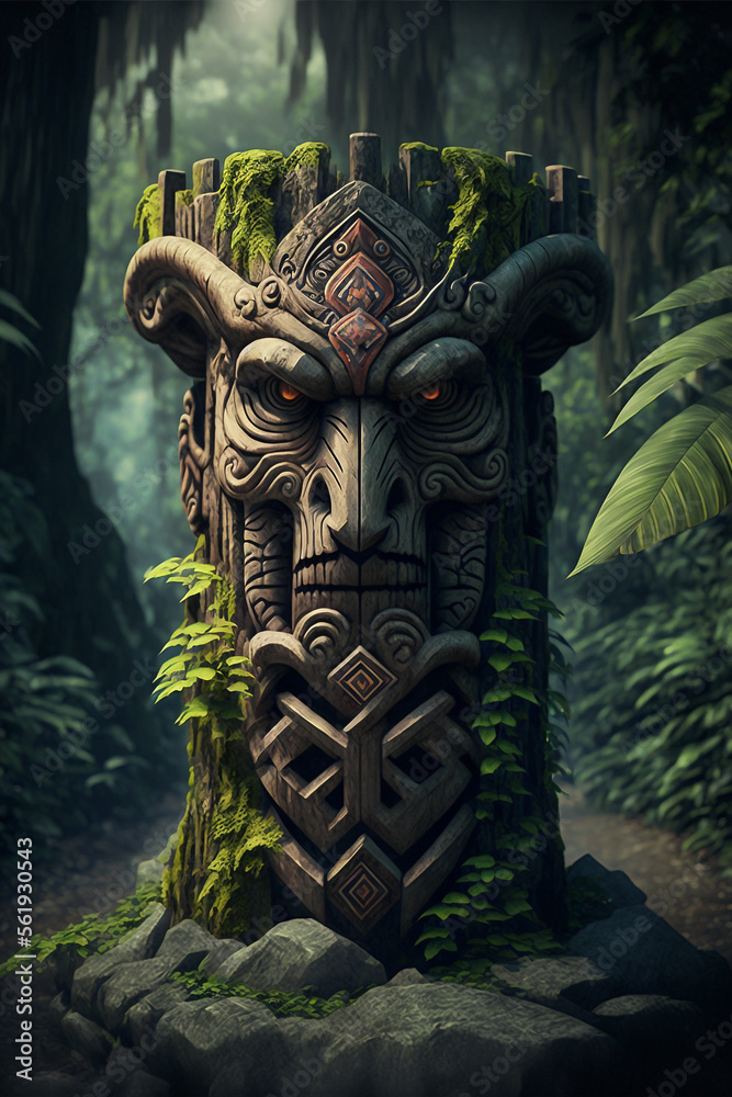 Wooden totem statue in the middle of the jungle. Tribe totem statue ...