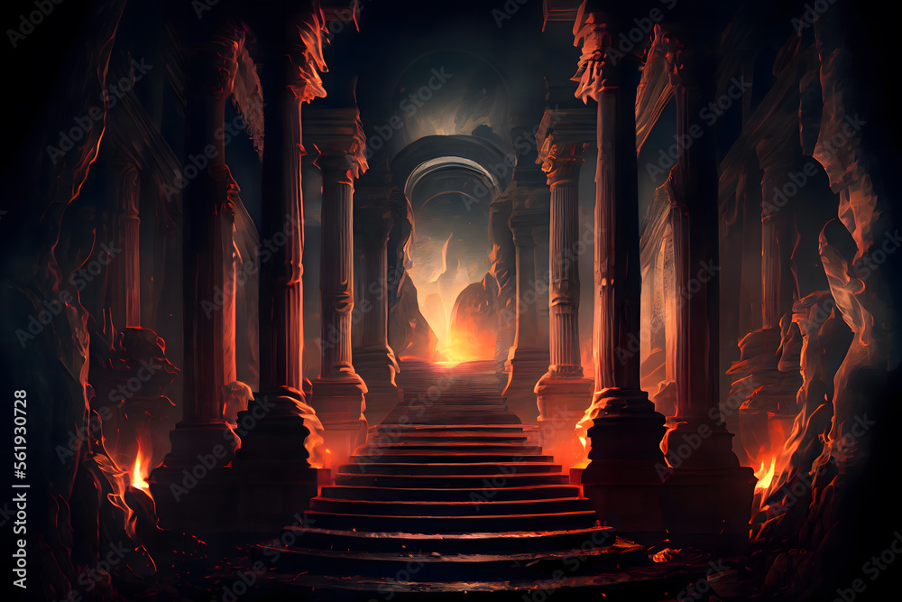 The eternal fire, dark atmospheric landscape with stairs to ancient ...