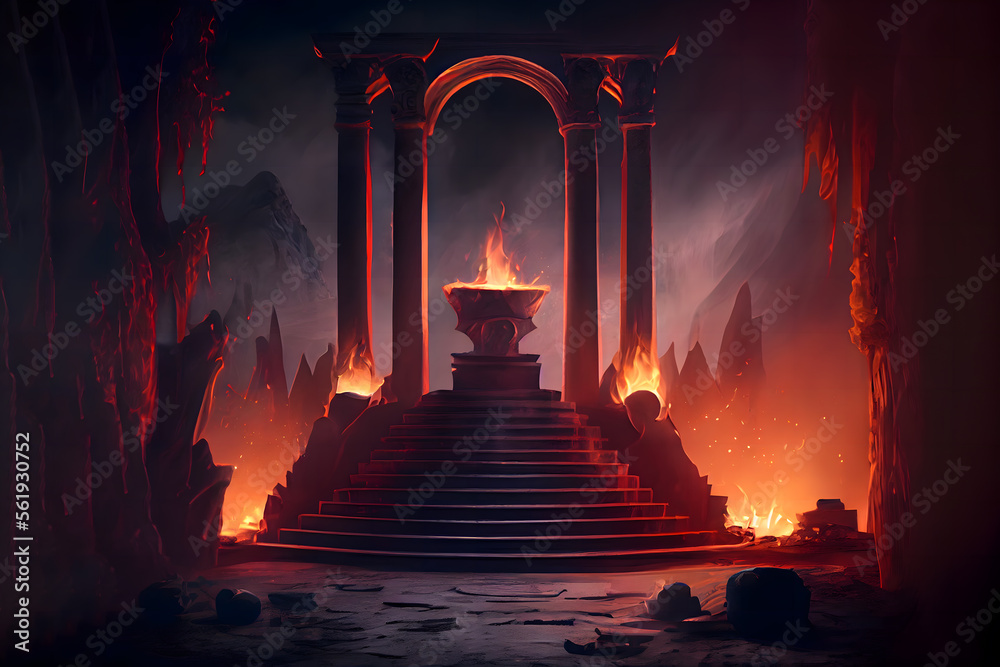 ภาพประกอบสต็อก The eternal fire, dark atmospheric landscape with stairs ...