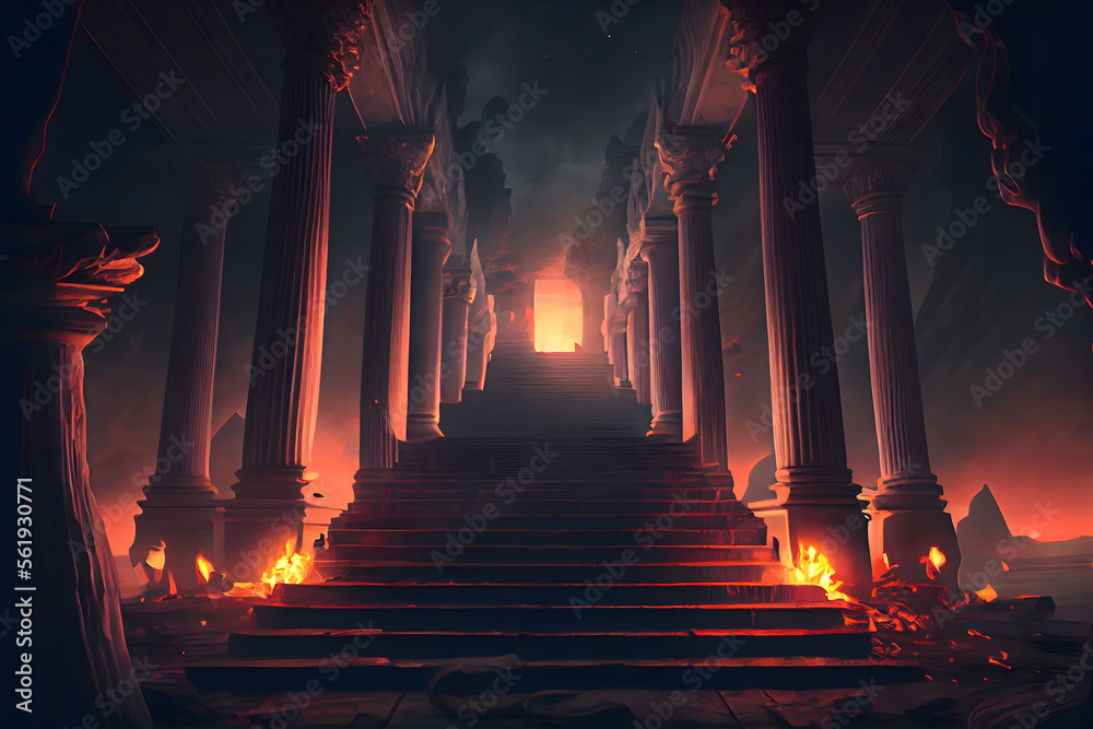 The eternal fire, dark atmospheric landscape with stairs to ancient ...