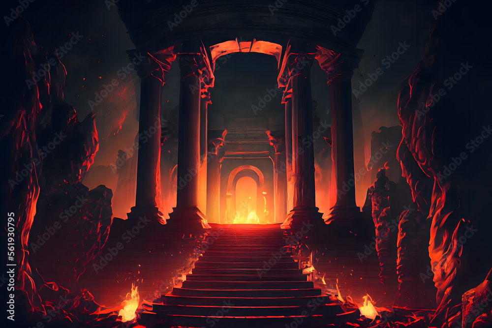 The eternal fire, dark atmospheric landscape with stairs to ancient ...