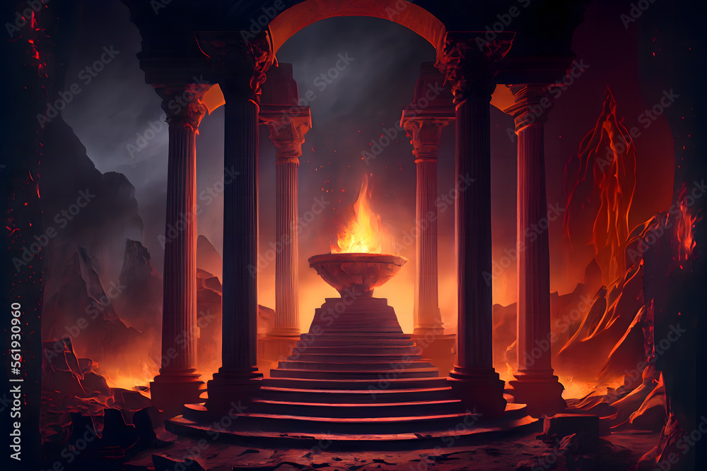 The eternal fire, dark atmospheric landscape with stairs to ancient ...