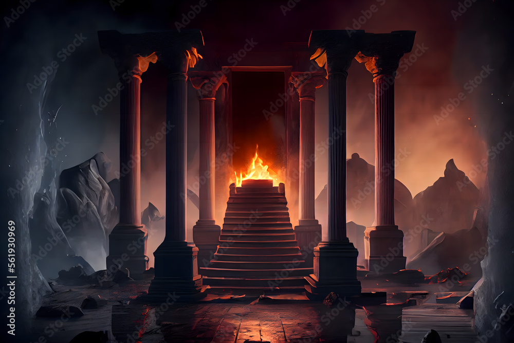 The eternal fire, dark atmospheric landscape with stairs to ancient ...