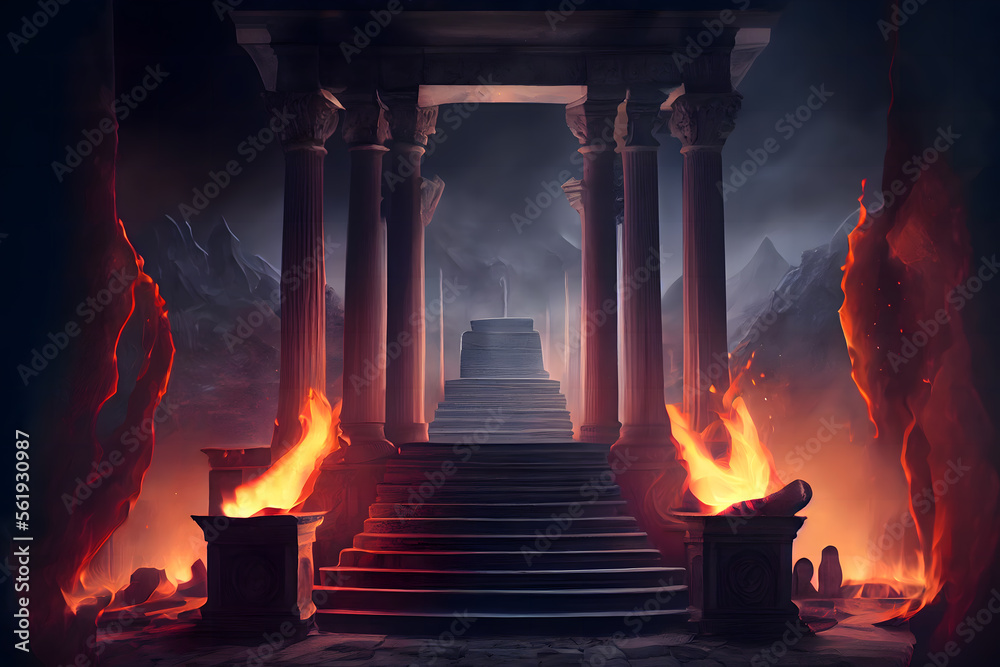 The eternal fire, dark atmospheric landscape with stairs to ancient ...