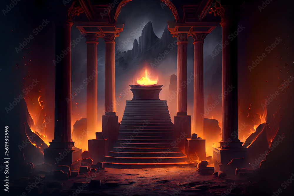 The eternal fire, dark atmospheric landscape with stairs to ancient ...