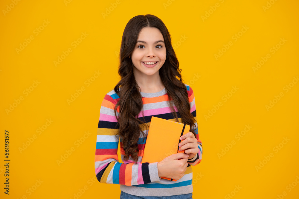 Schoolgirl with copy book posing on isolated background. Literature ...