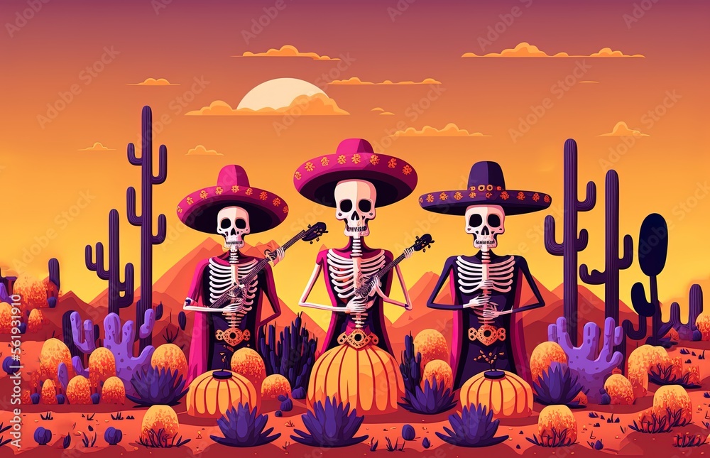 characters skeletons skulls in mariachi hat celebrating day of the dead ...