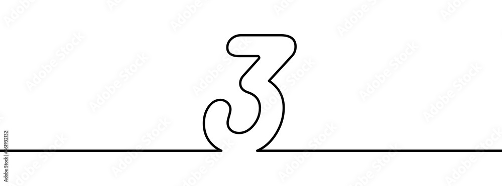 Number 3 in continuous line drawing style. Line art of number three ...