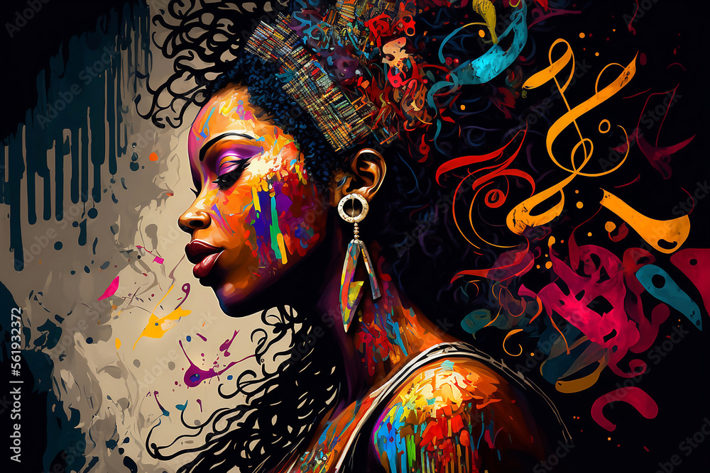 Abstract of woman with colourful paint splatter exploding from her face ...