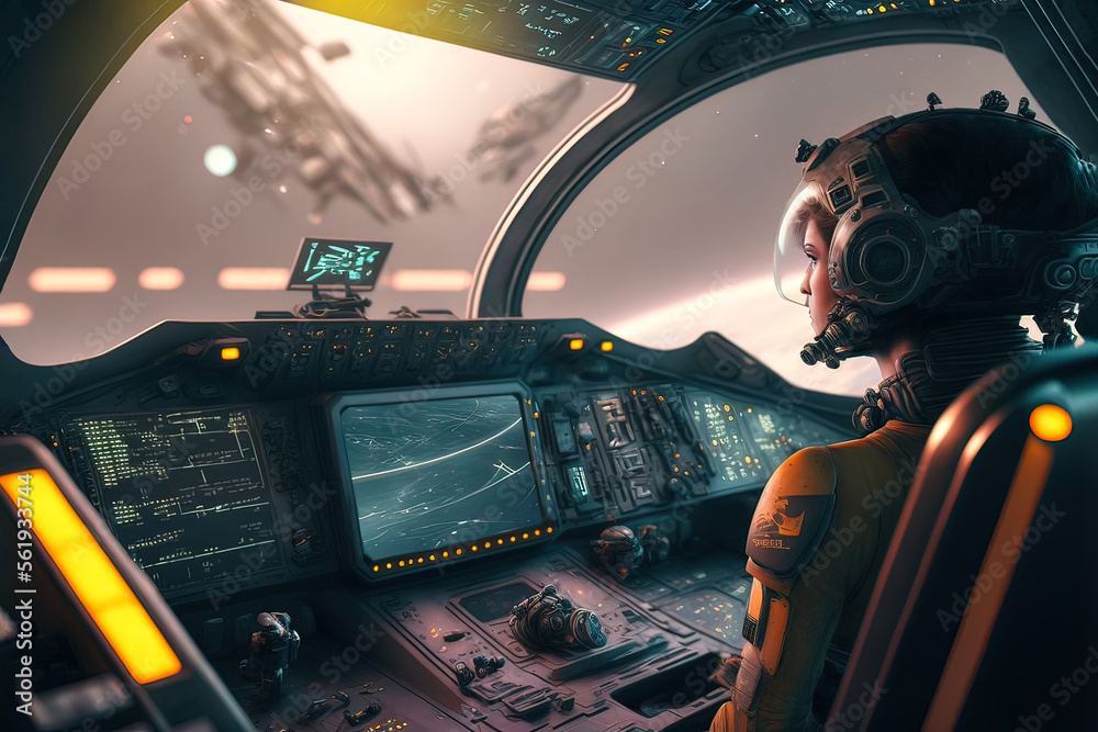 Futuristic spaceship cockpit interior with an astronaut inside. Future spacecraft control panels ...