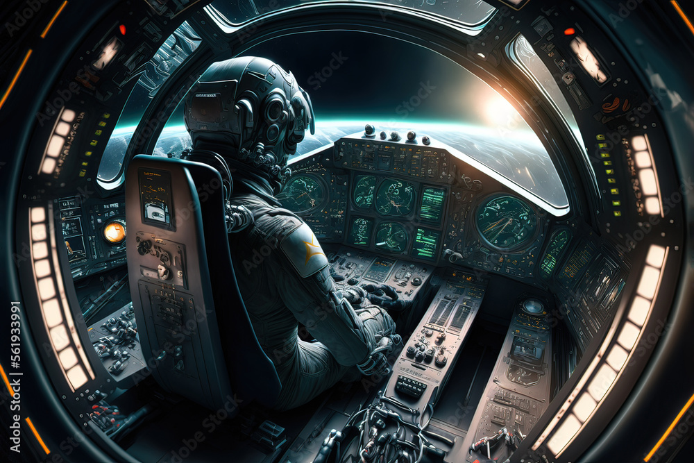 Futuristic spaceship cockpit interior with an astronaut inside. Future spacecraft control panels ...