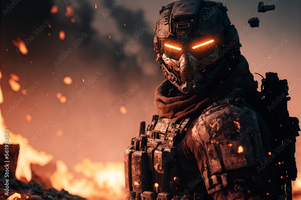 masked cyberpunk mecha soldier. Profile picture fire background ...
