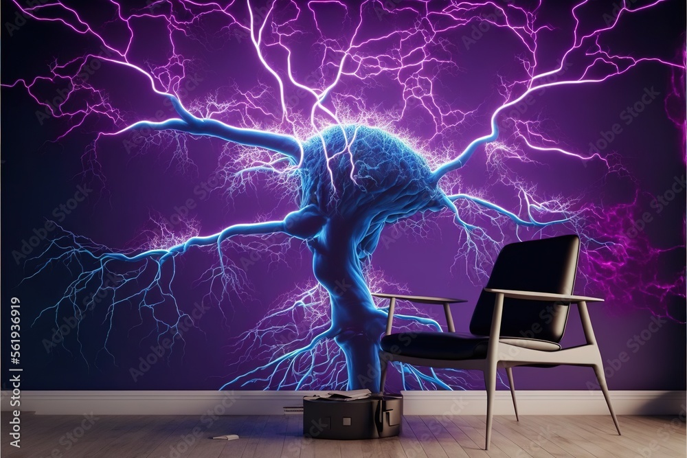 a chair and a wall with a purple lightning tree mural on it, in a room ...