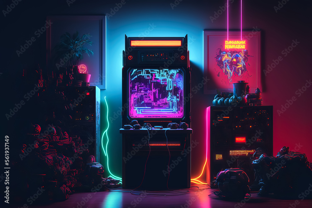 Awesome picture of the arcade machine with neon lights and bright ...