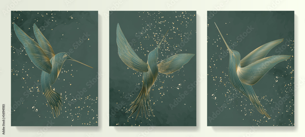 Luxury art background with hand drawn hummingbirds in gold line art ...