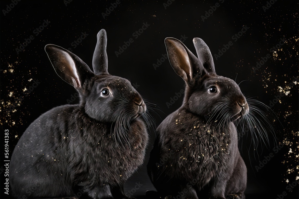 two rabbits sitting next to each other on a black background with gold ...