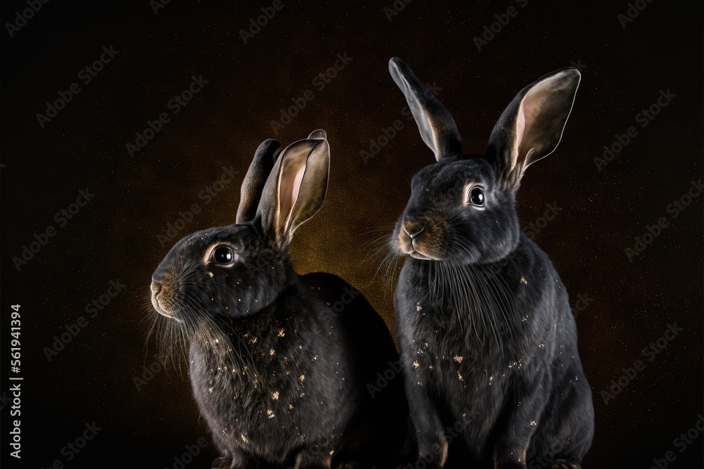 two black rabbits sitting next to each other on a black background with ...