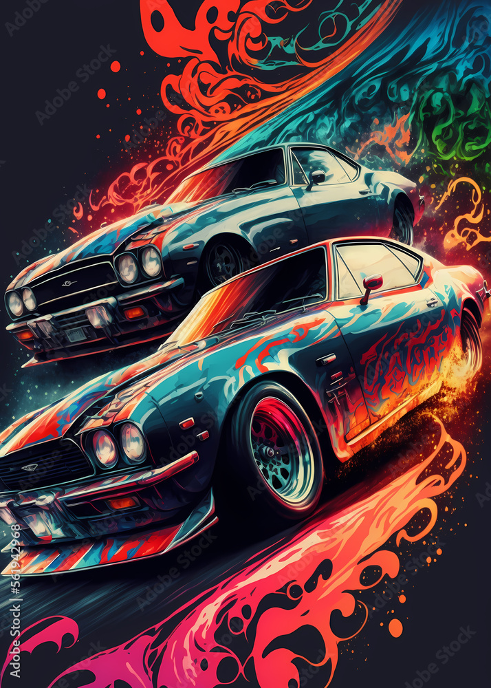 Two JDM cars speed racing and drifting colors, digital art style ...