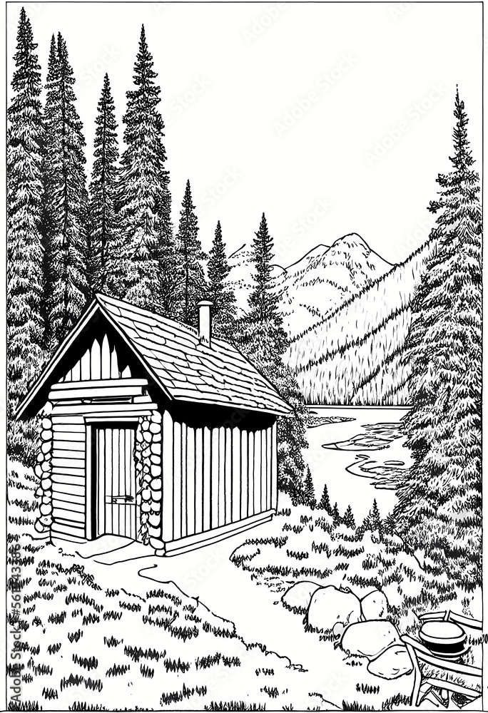 house in the mountains colouring Pages, colouring book page, outdoor ...