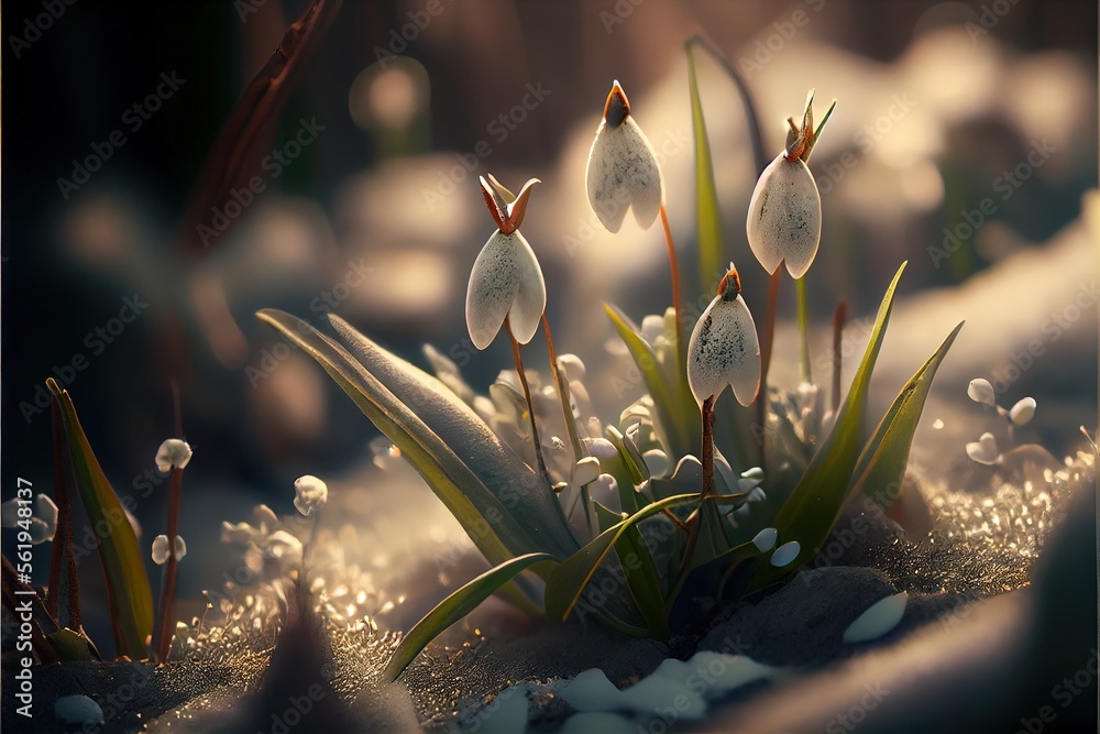 Little snowdrops in the snow, background magic pine forest, intricate ...