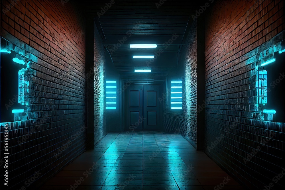 Sci Fi Alien Cyber Dark Hallway Room Corridor Neon Blue Lights On ...