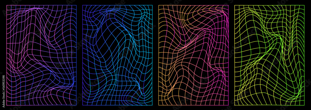 Set of distorted vertical neon grid pattern. Retrowave, synthwave, rave ...
