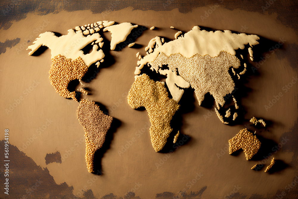 Made with wheat grain, this world map. continents of grains. Global ...