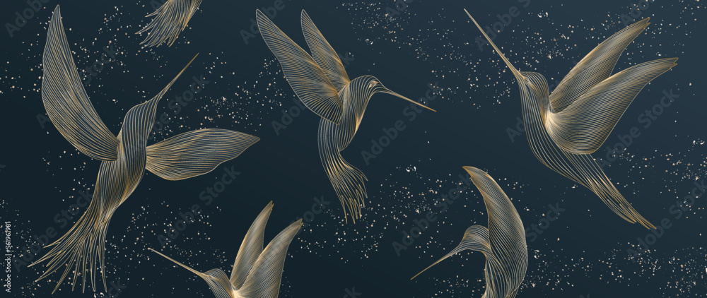 Dark art background with hummingbirds hand drawn in gold line art style ...